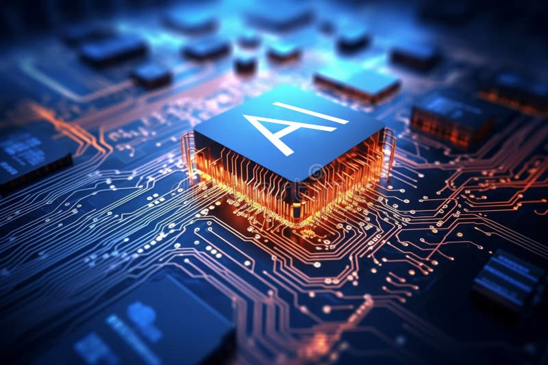 Computer Mother Board Chip with AI Text and Glowing Circuit Background ...