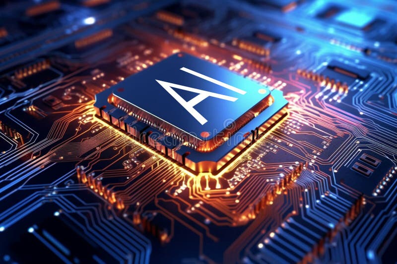 Computer Mother Board Chip with AI Text and Glowing Circuit Background ...