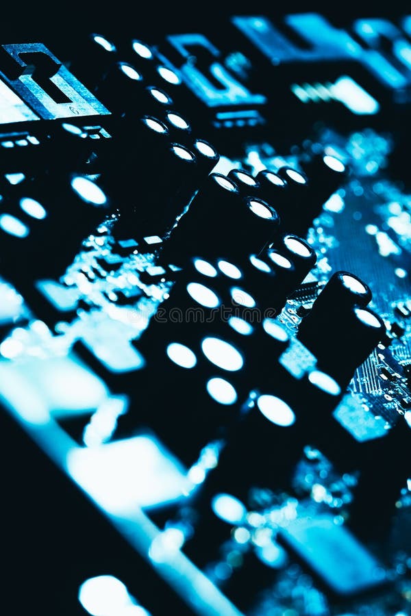 Computer Motherboard in Blue Dark Background Close-up Stock Image ...
