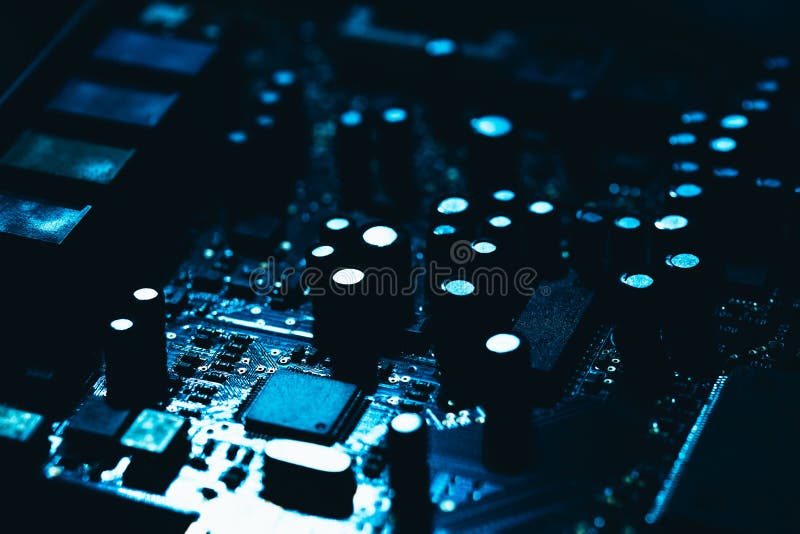 Computer Motherboard in Blue Dark Background Close-up Stock Image ...