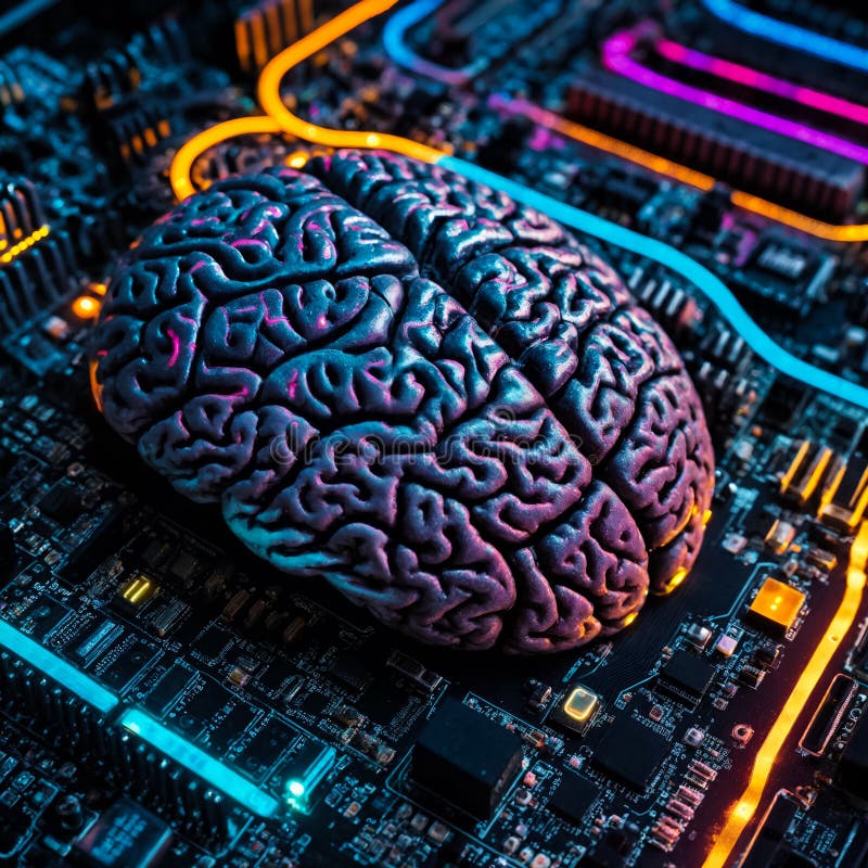 Computer Motherboard with a Brain Model on Top in a Dark Room with Neon ...