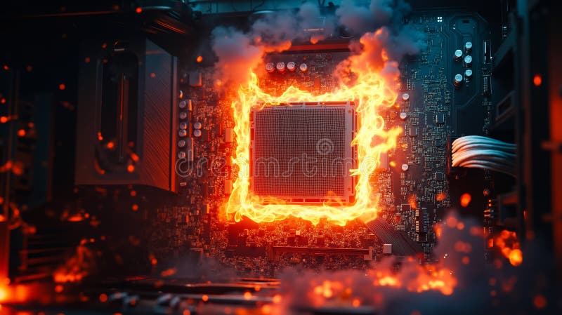 A Computer Motherboard with a Burning Cpu on Top of it Stock Photo ...