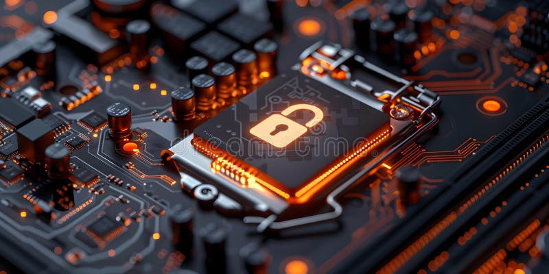 Computer Motherboard Closeup with Lock Symbol for Secure Connection or ...