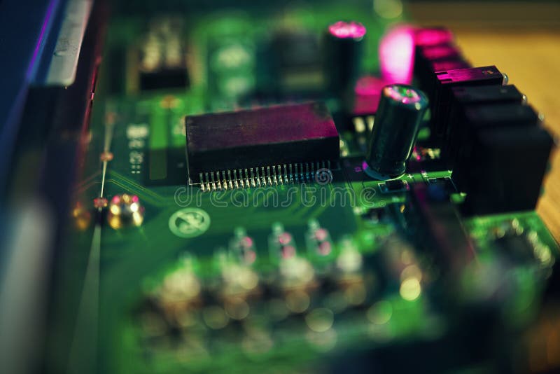 Computer Motherboard Closeup And Programming With Microchip Innovation Or It Development In