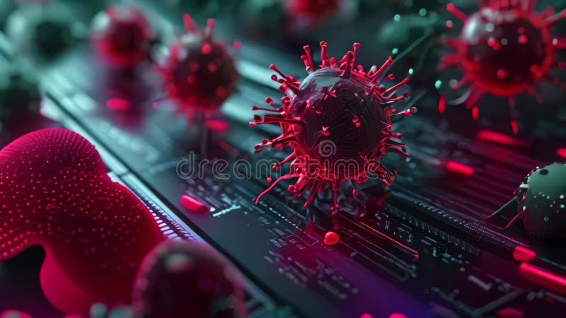 A Computer Motherboard is Covered in Red and Black Germs, Creating a ...