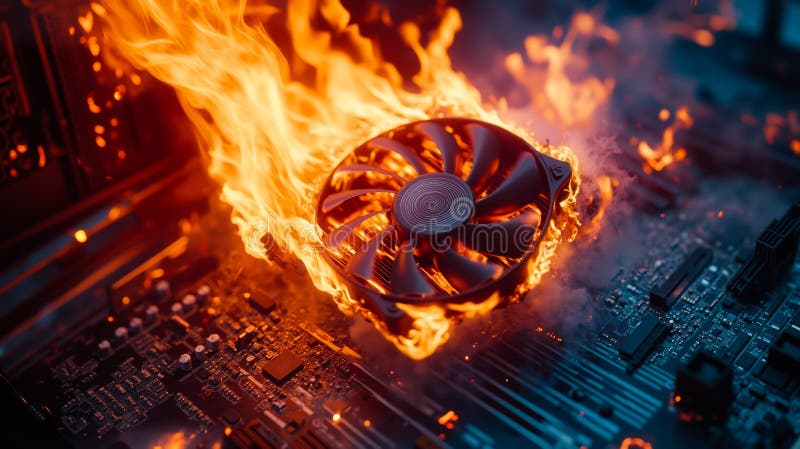 A Computer Motherboard with a Fan on Fire Stock Photo - Image of flames ...