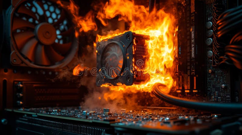 A Computer Motherboard with a Fan on Fire in the Middle of it Stock ...