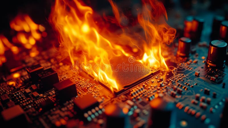 A Computer Motherboard on Fire with a Circuit Board in the Background ...