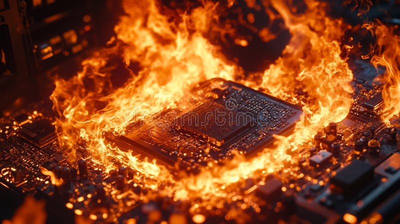 A Computer Motherboard on Fire with a Circuit Board in the Background ...