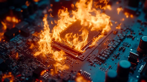 A Computer Motherboard on Fire with a Cpu on Top of it Stock Image ...