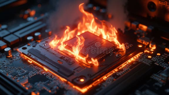 A Computer Motherboard on Fire with a Cpu on Top of it Stock Photo ...