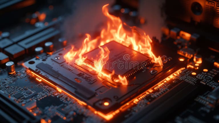 A Computer Motherboard on Fire with a Cpu on Top of it Stock Photo ...