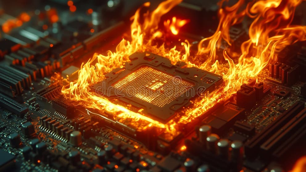 A Computer Motherboard on Fire with a Cpu on Top of it Stock Photo ...