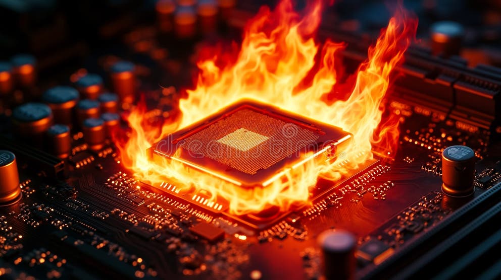 A Computer Motherboard on Fire with a Cpu on Top of it Stock Image ...