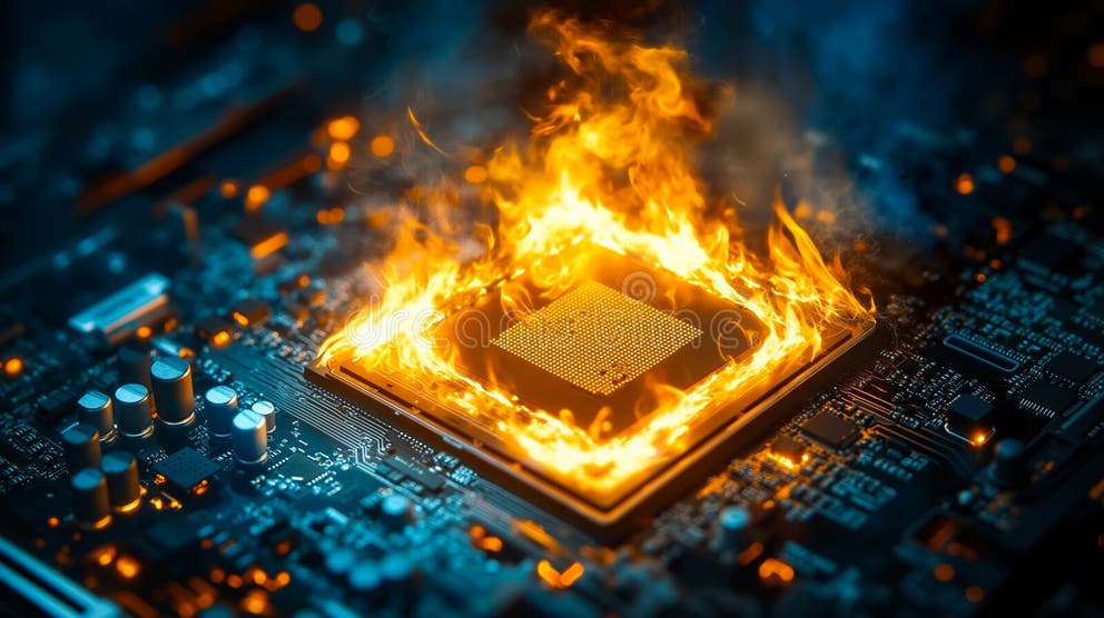 A Computer Motherboard on Fire with a Cpu on Top of it Stock Photo ...