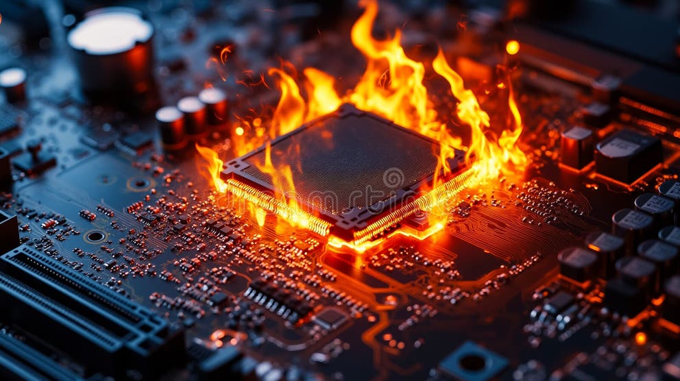 A Computer Motherboard on Fire with a Cpu on Top of it Stock Photo ...