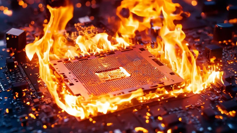 A Computer Motherboard on Fire with a Cpu on Top of it Stock Footage ...