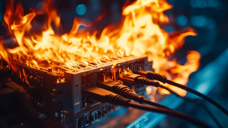 A Computer Motherboard on Fire with Ethernet Cables on it Stock Image ...