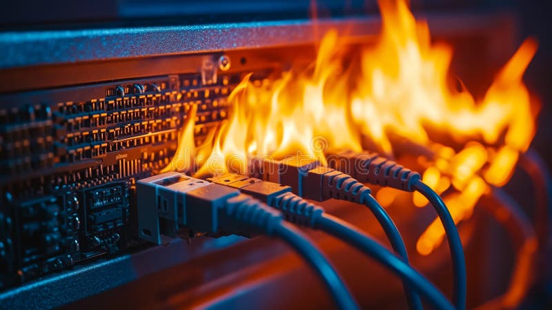 A Computer Motherboard on Fire with Ethernet Cables Plugged into it ...