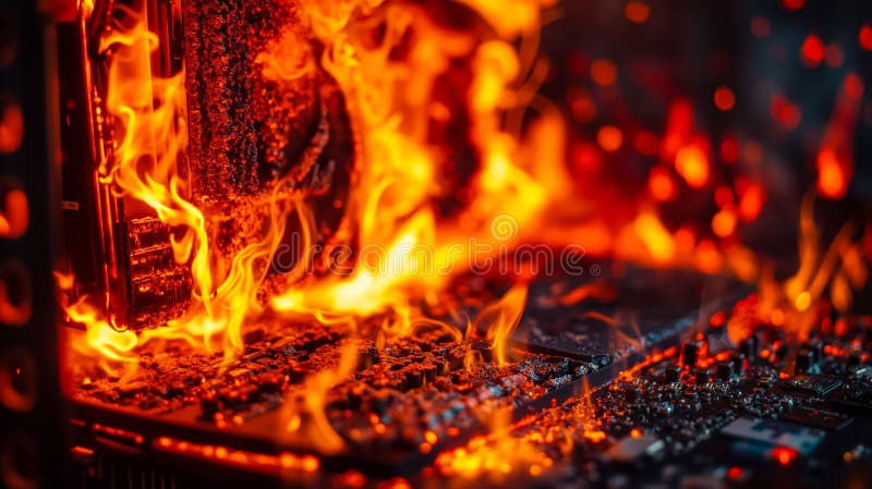 A Computer Motherboard on Fire with a Red Light Shining through it ...