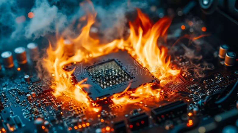 A Computer Motherboard on Fire with Smoke Coming Out of it Stock Image ...