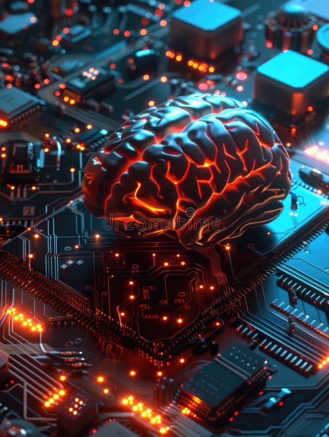 Computer Motherboard with Glowing Brain Stock Image - Image of ...