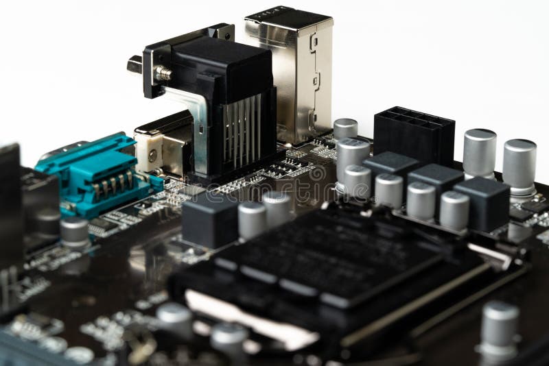 Computer Motherboard Hardware with Capacitors, Transistors and ...