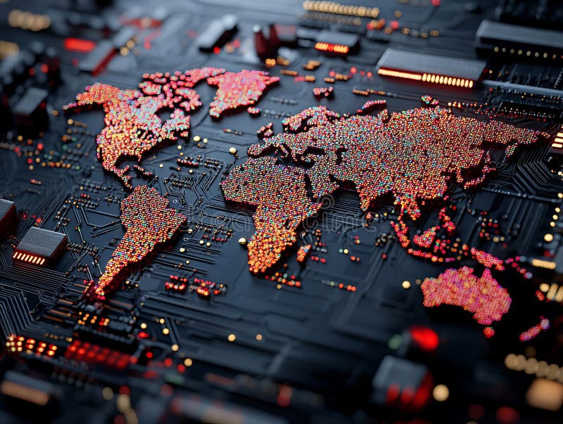 A Computer Motherboard with a Map of the World on it Stock Image ...