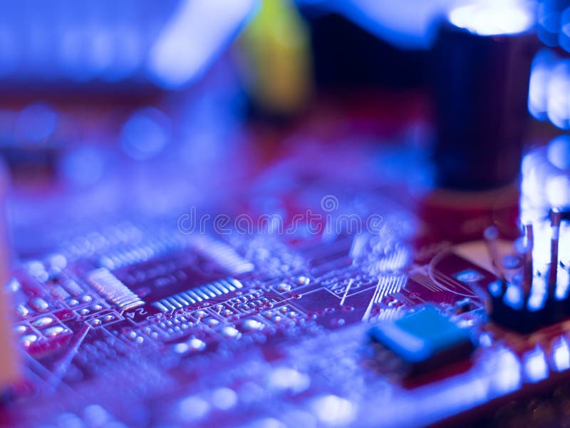 Computer Motherboard, Microchips Close-up in Color Illumination, Stock ...