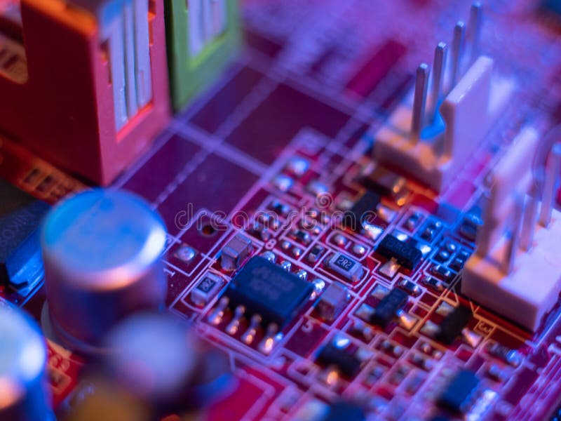 Computer Motherboard, Microchips Close-up in Color Illumination, Stock ...