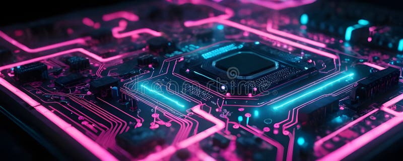 Computer Motherboard with Pink and Blue Neon Lights, Electronic Circuit ...