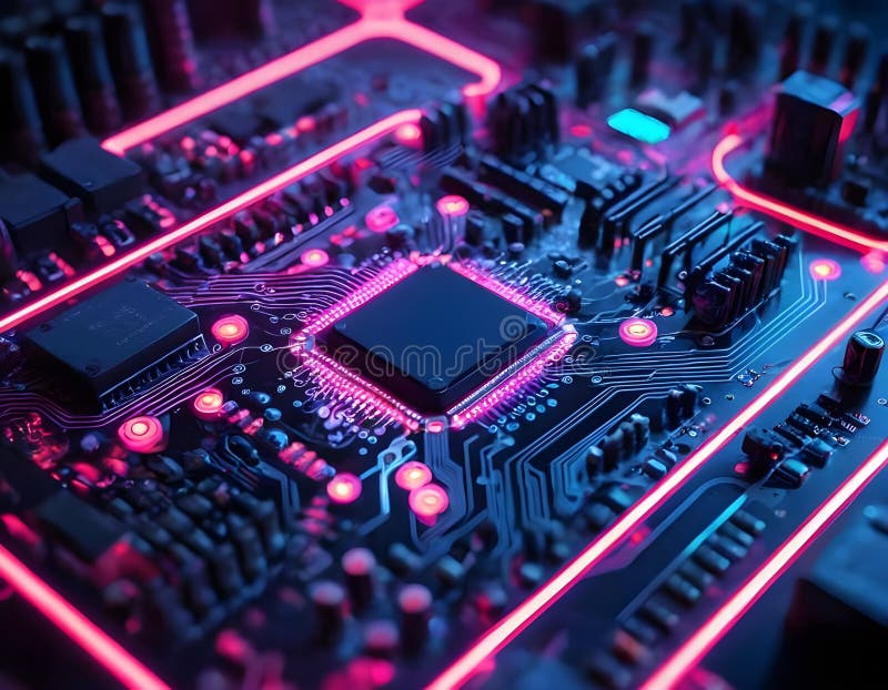 Computer Motherboard with Pink and Blue Neon Lights, Electronic Circuit ...
