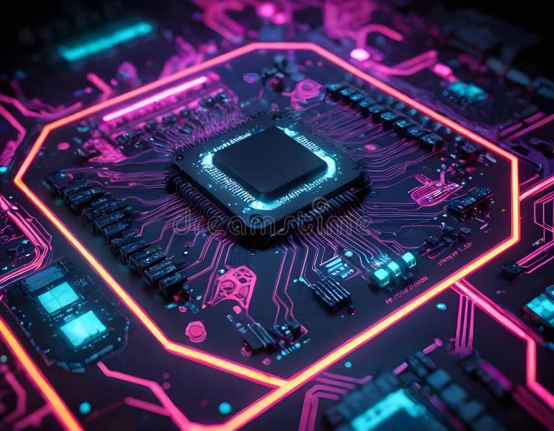 Computer Motherboard with Pink and Blue Neon Lights, Electronic Circuit ...