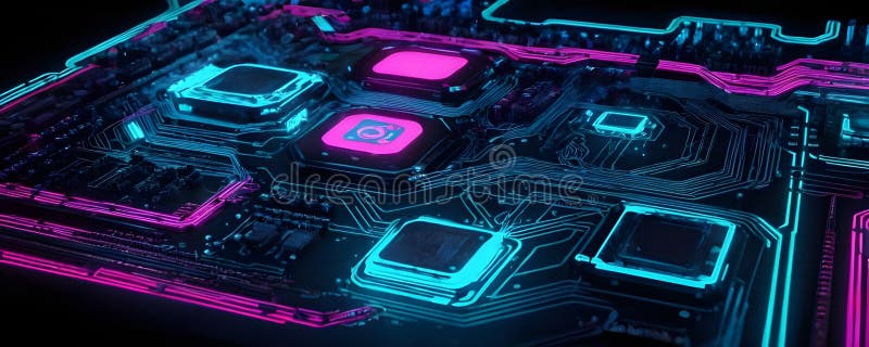 Computer Motherboard with Pink and Blue Neon Lights, Electronic Circuit ...