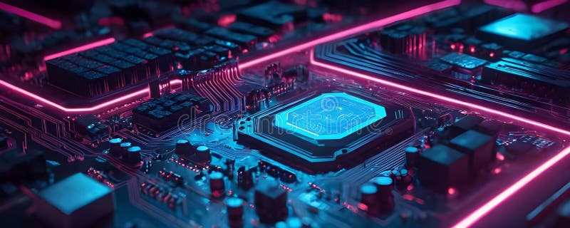 Computer Motherboard with Pink and Blue Neon Lights, Electronic Circuit ...