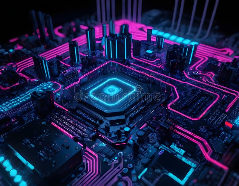 Computer Motherboard with Pink and Blue Neon Lights, Electronic Circuit ...