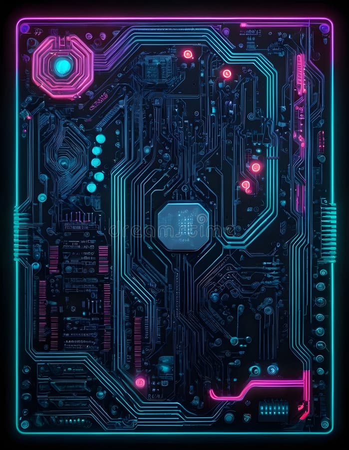 Computer Motherboard with Pink and Blue Neon Lights, Electronic Circuit ...