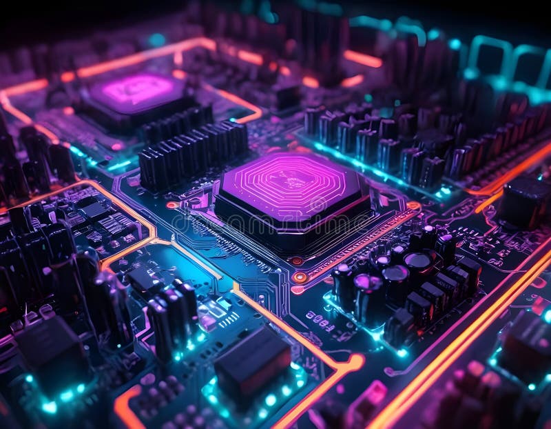 Computer Motherboard with Pink and Blue Neon Lights, Electronic Circuit ...