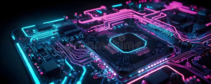 Computer Motherboard with Pink and Blue Neon Lights, Electronic Circuit ...