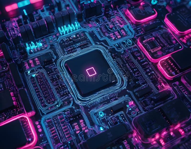 Computer Motherboard with Pink and Blue Neon Lights, Electronic Circuit ...