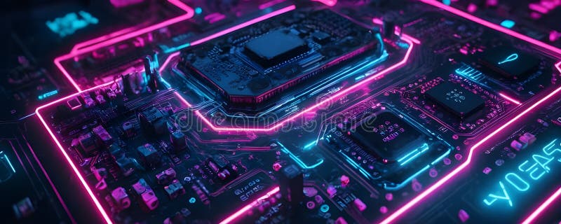 Computer Motherboard with Pink and Blue Neon Lights, Electronic Circuit ...