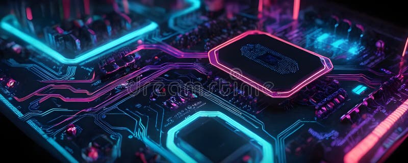 Computer Motherboard with Pink and Blue Neon Lights, Electronic Circuit ...