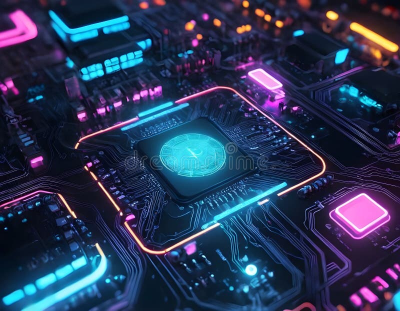 Computer Motherboard with Pink and Blue Neon Lights, Electronic Circuit ...