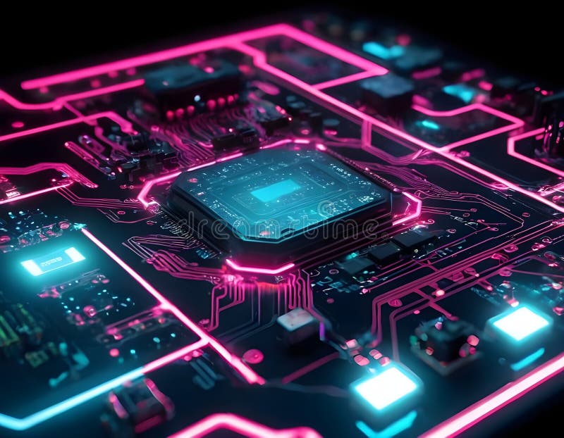 Computer Motherboard with Pink and Blue Neon Lights, Electronic Circuit ...