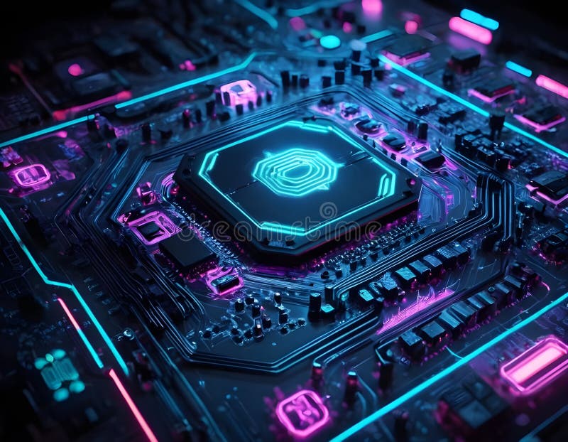 Computer Motherboard with Pink and Blue Neon Lights, Electronic Circuit ...