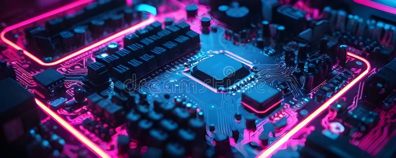 Computer Motherboard with Pink and Blue Neon Lights, Electronic Circuit ...
