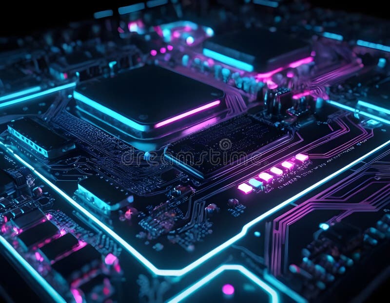 Computer Motherboard with Pink and Blue Neon Lights, Electronic Circuit ...