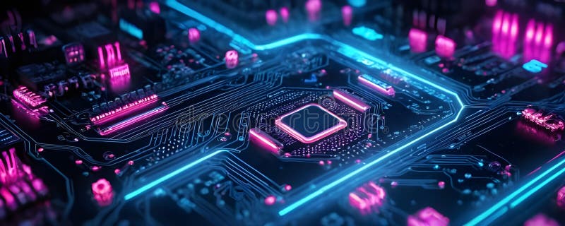 Computer Motherboard with Pink and Blue Neon Lights, Electronic Circuit ...