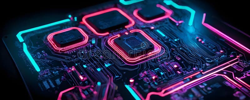 Computer Motherboard with Pink and Blue Neon Lights, Electronic Circuit ...