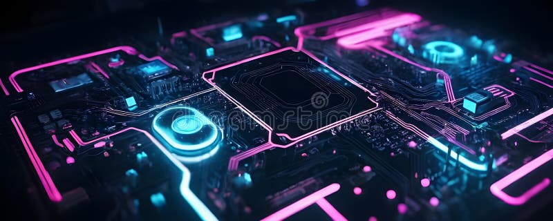 Computer Motherboard with Pink and Blue Neon Lights, Electronic Circuit ...
